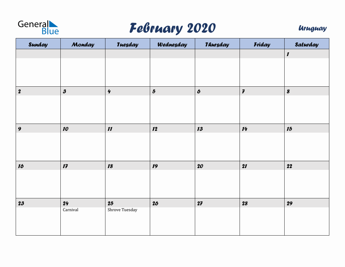 February 2020 Monthly Calendar Template with Holidays for Uruguay February 2020 Monthly Calendar Template with Holidays for Uruguay