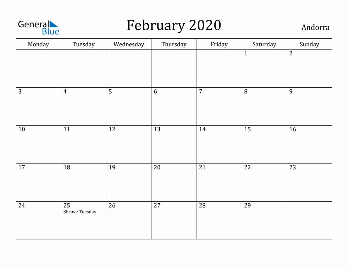 Andorra Monthly Calendar - February 2020 (Monday Start)