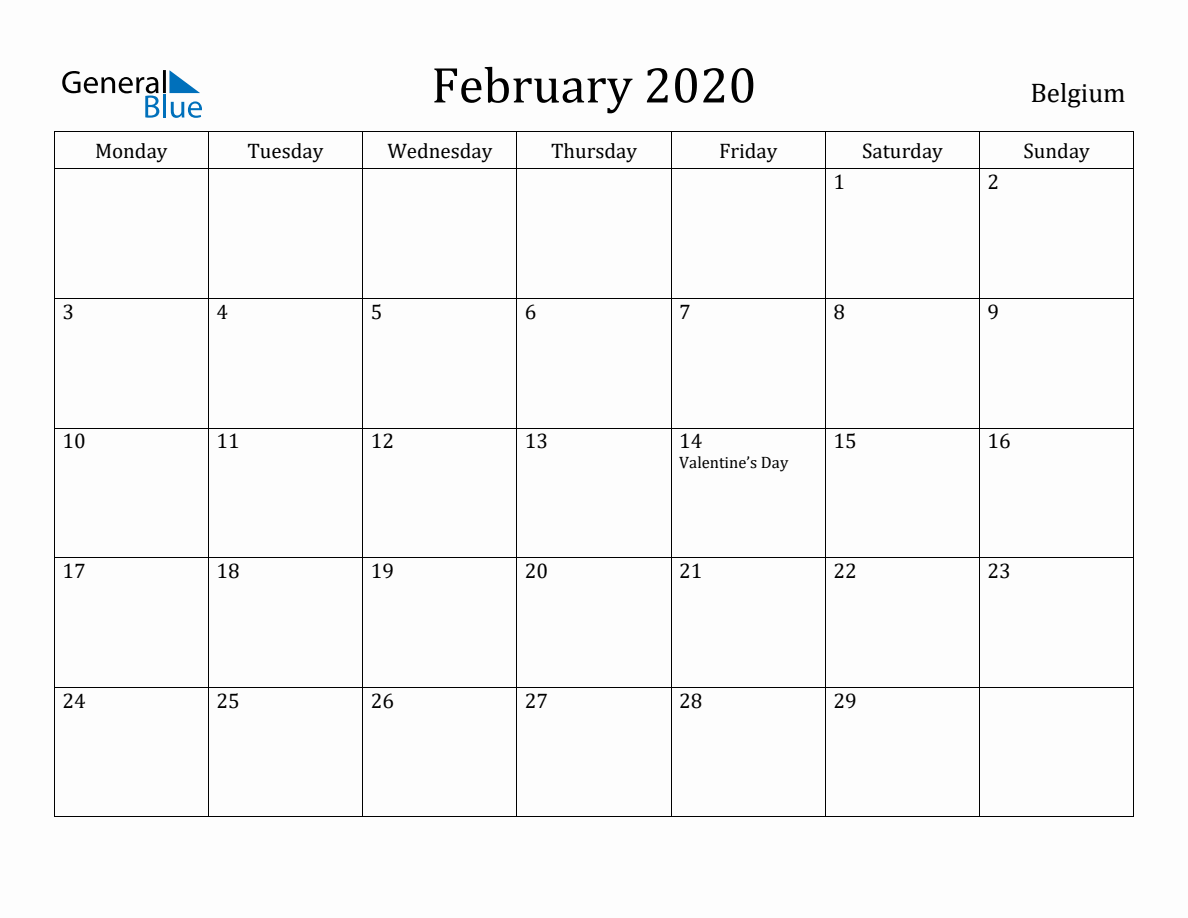 Belgium Monthly Calendar - February 2020 (Monday Start)