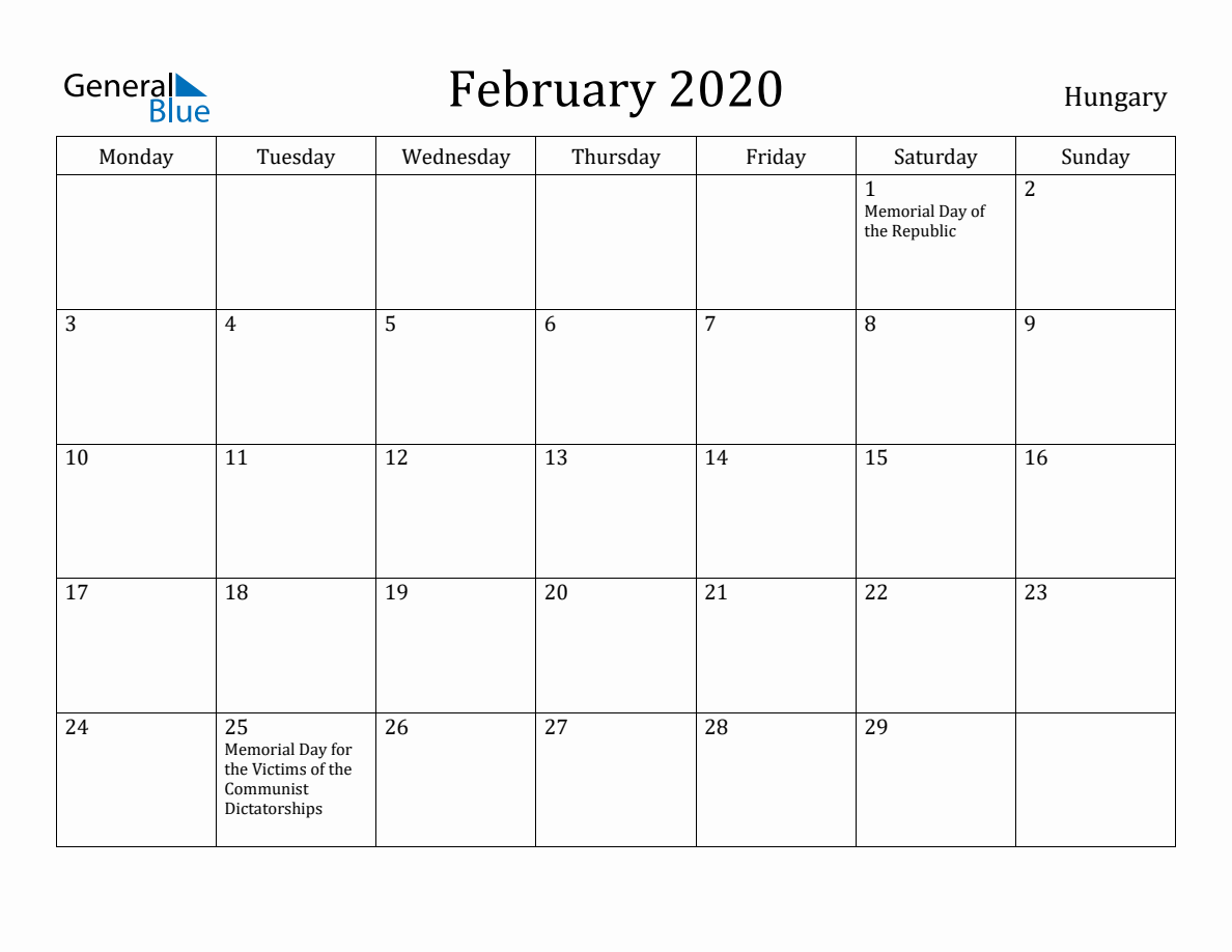 Hungary Monthly Calendar - February 2020 (Monday Start)