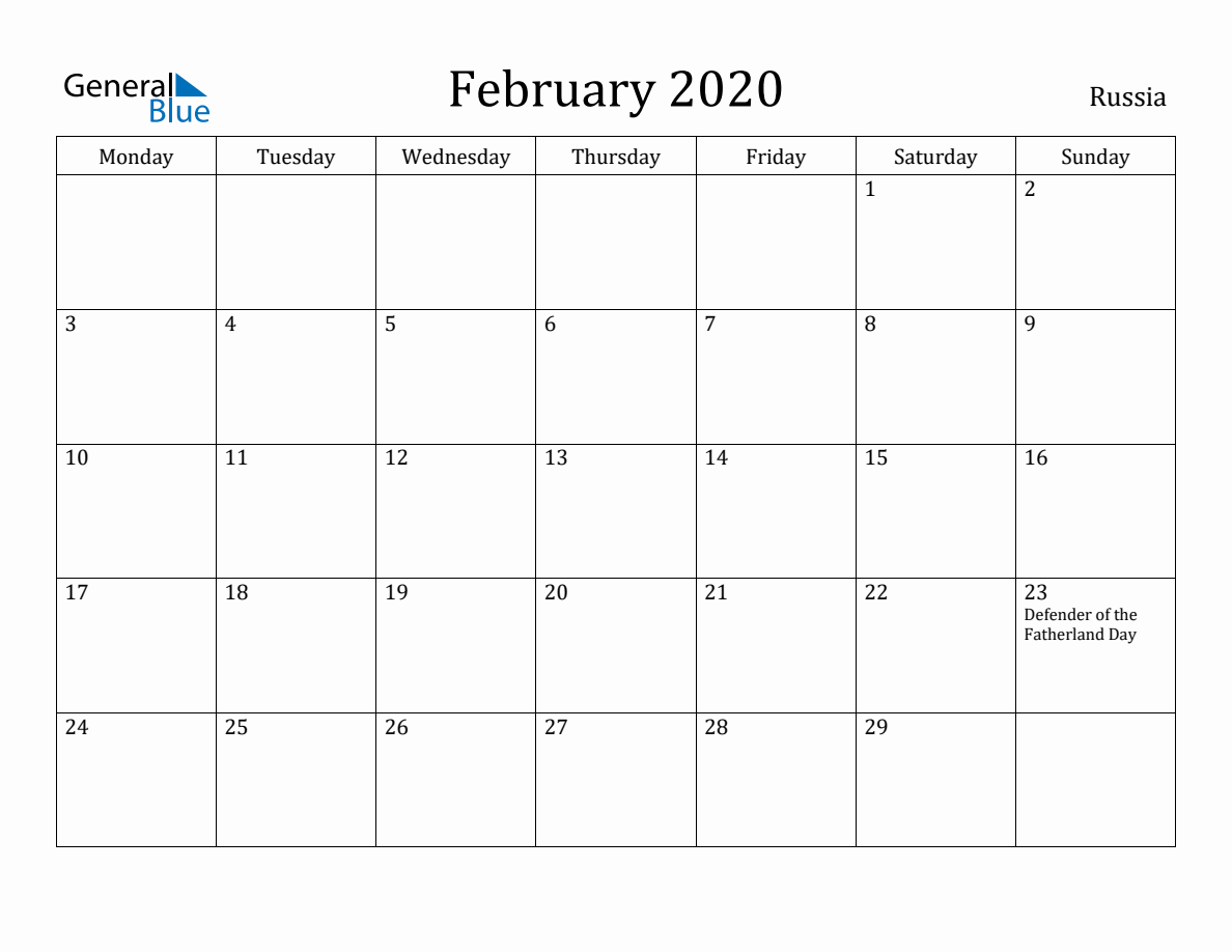 Russia Monthly Calendar - February 2020 (Monday Start)