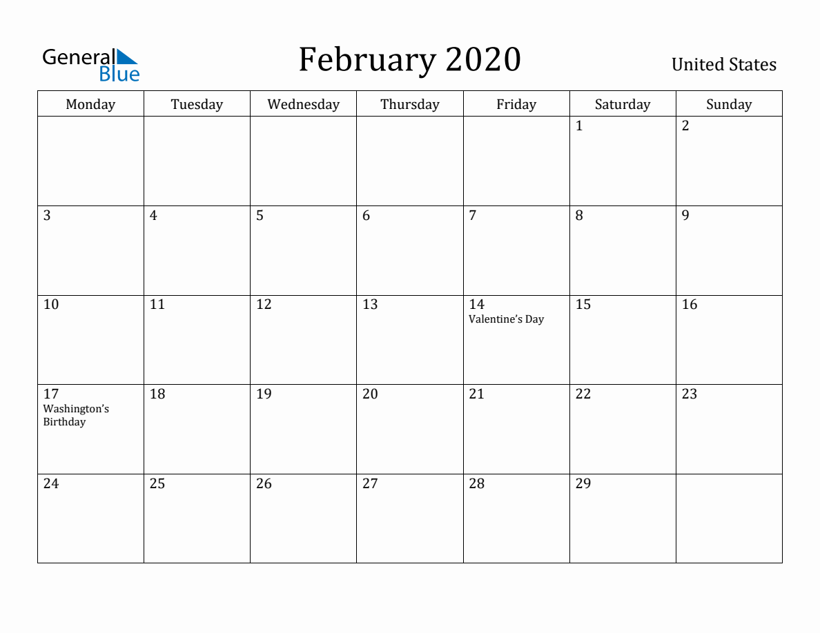 United States Monthly Calendar - February 2020 (Monday Start)