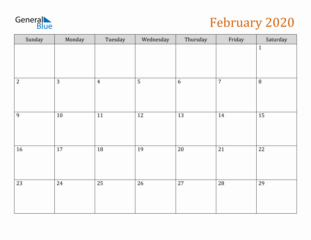February 2020 Generic Monthly Calendar