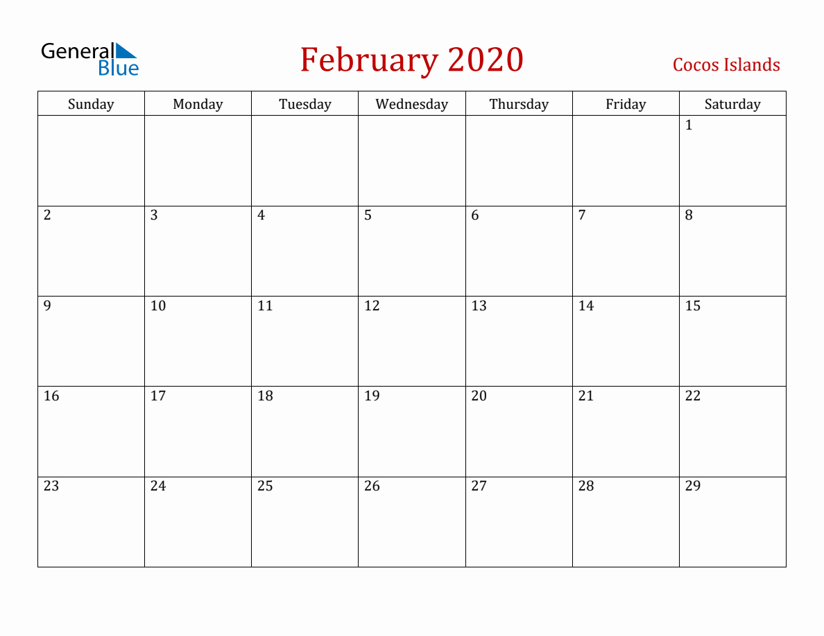 February 2020 Cocos Islands Monthly Calendar with Holidays