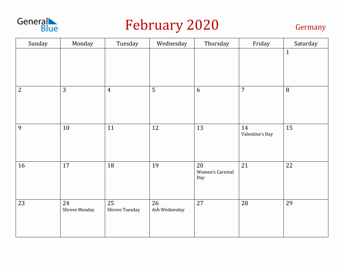 February 2020 Germany Monthly Calendar with Holidays