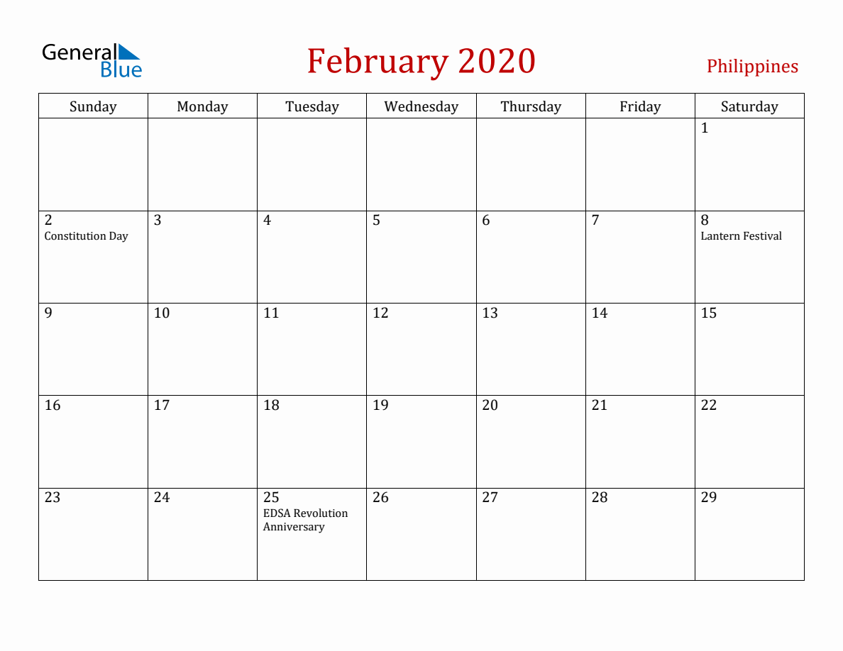 February 2020 Philippines Monthly Calendar with Holidays
