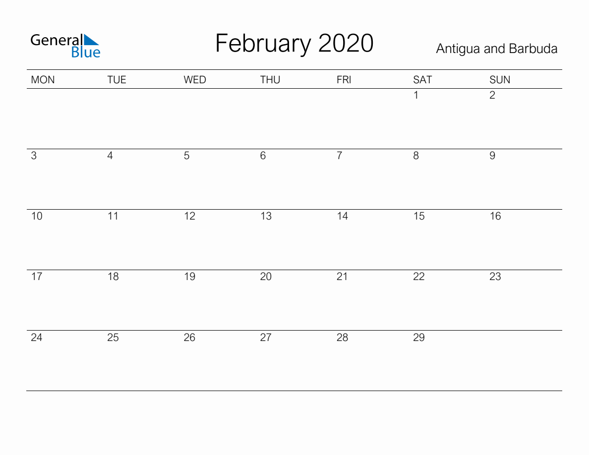 Printable February 2020 Monthly Calendar with Holidays for Antigua and ...