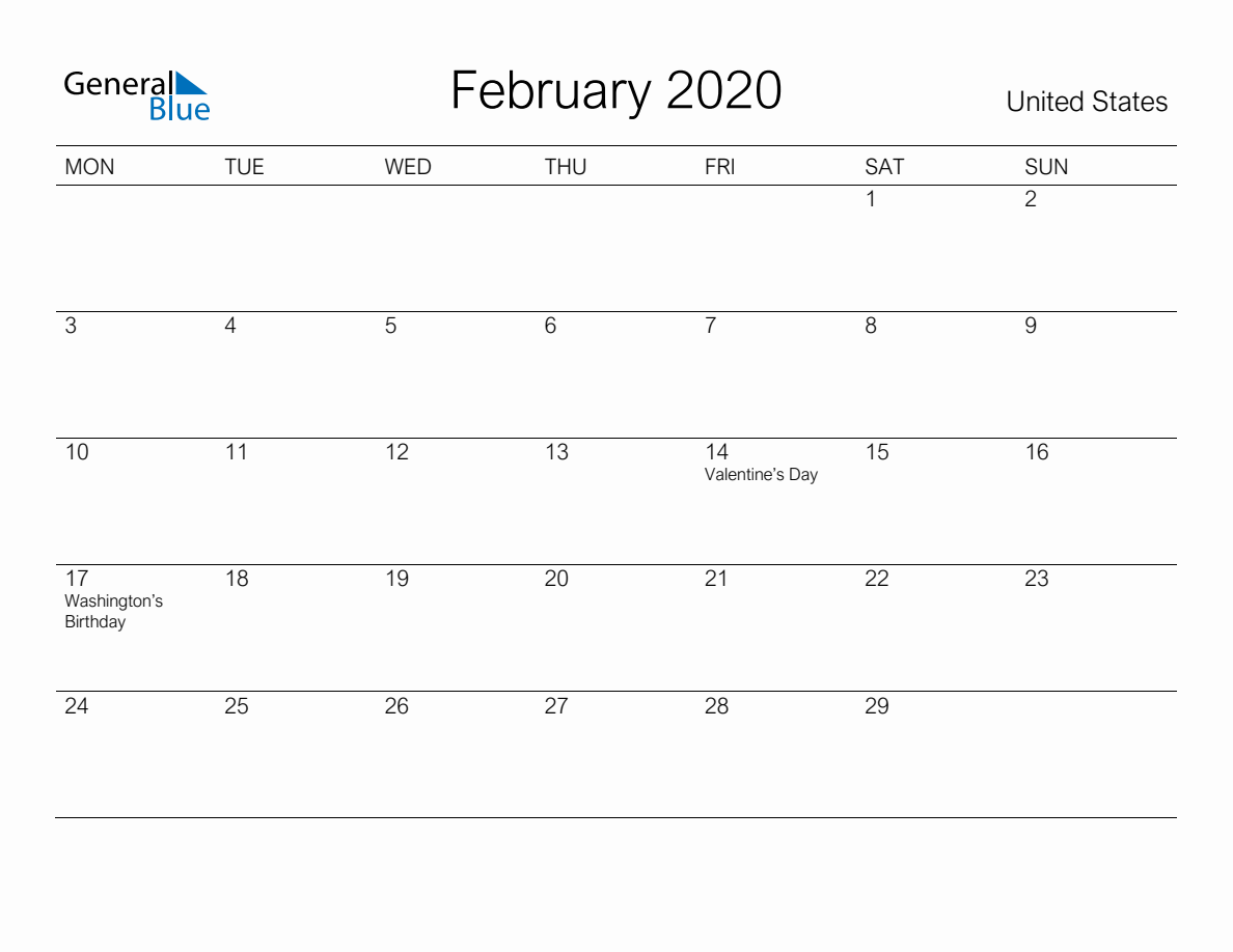 Printable February 2020 Monthly Calendar with Holidays for United States