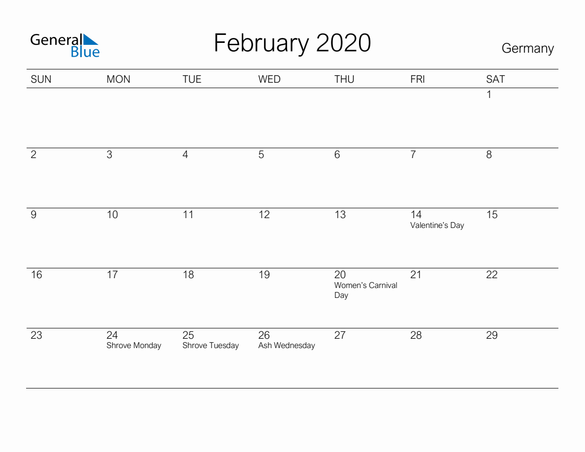 Printable February 2020 Monthly Calendar with Holidays for Germany