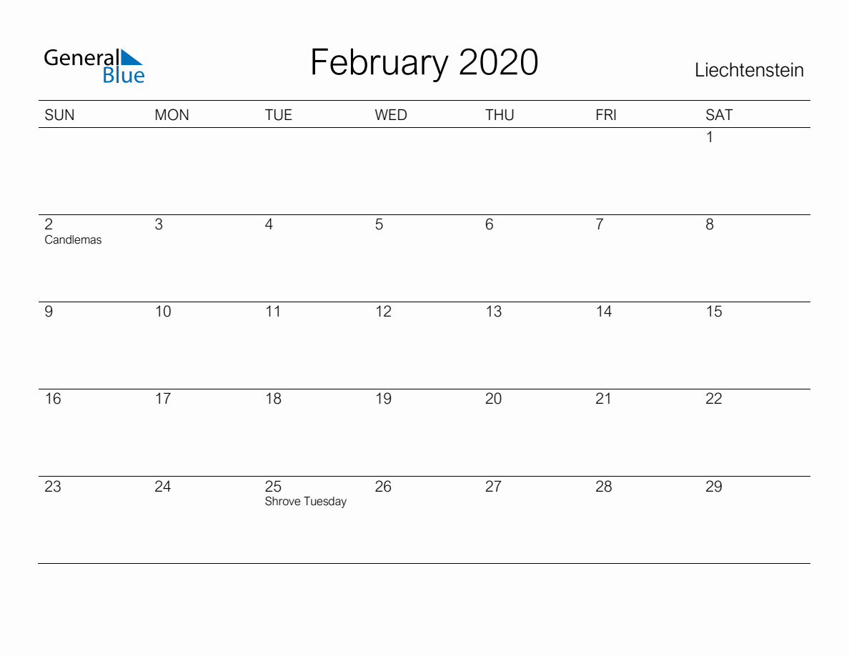 Printable February 2020 Monthly Calendar with Holidays for Liechtenstein