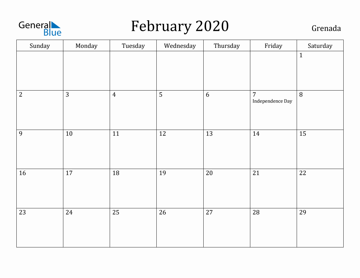 February 2020 Monthly Calendar with Grenada Holidays