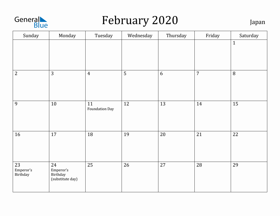 February 2020 Monthly Calendar with Japan Holidays