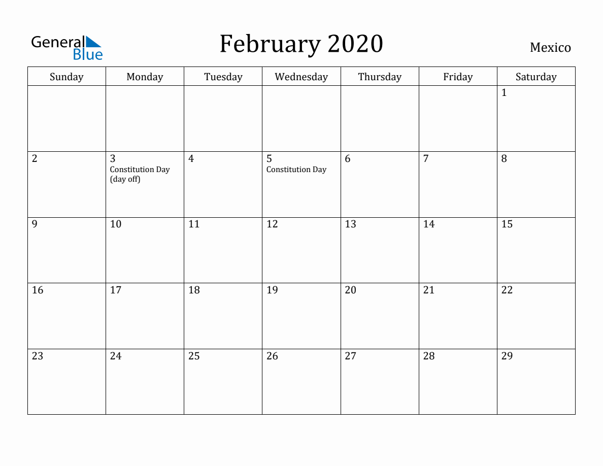 February 2020 Monthly Calendar with Mexico Holidays
