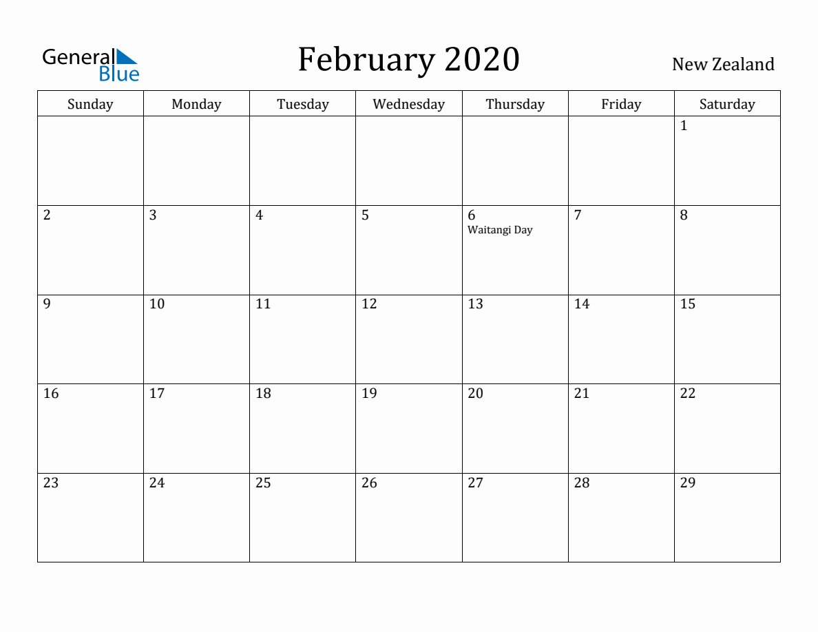 February 2020 Monthly Calendar with New Zealand Holidays