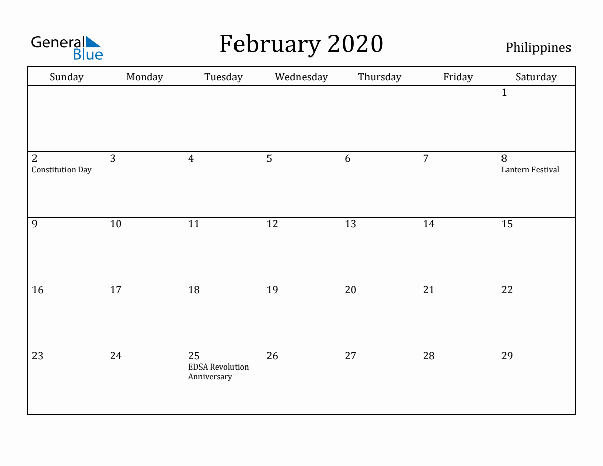 February 2020 Monthly Calendar with Philippines Holidays
