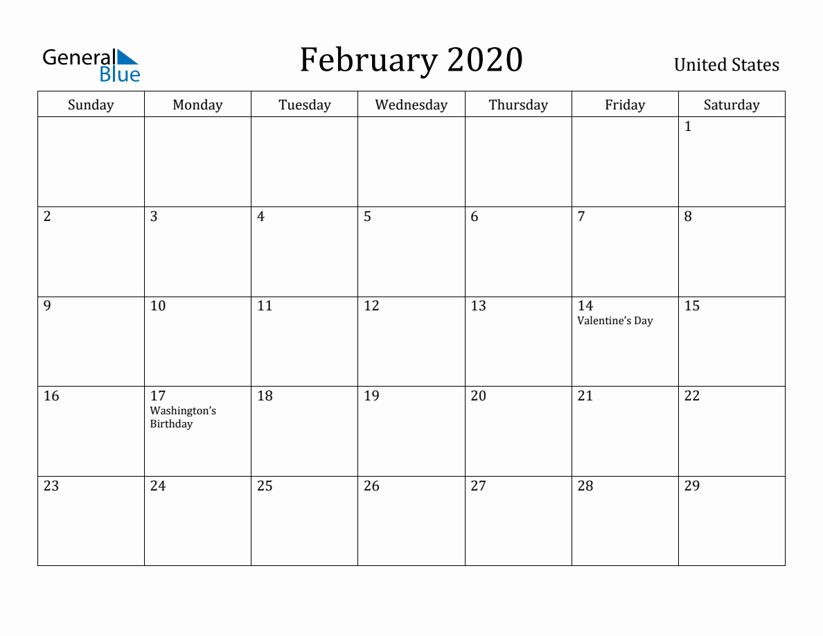 February 2020 Monthly Calendar with United States Holidays