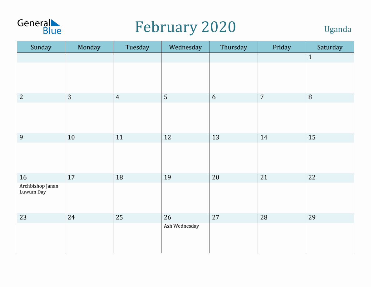 Uganda Holiday Calendar for February 2020