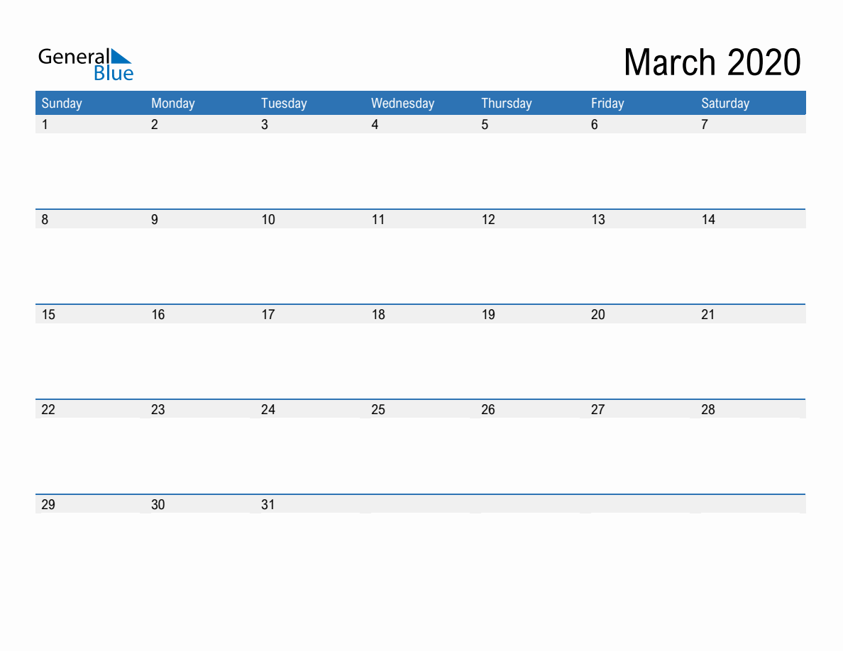March 2020 Monthly Calendar (PDF, Word, Excel)