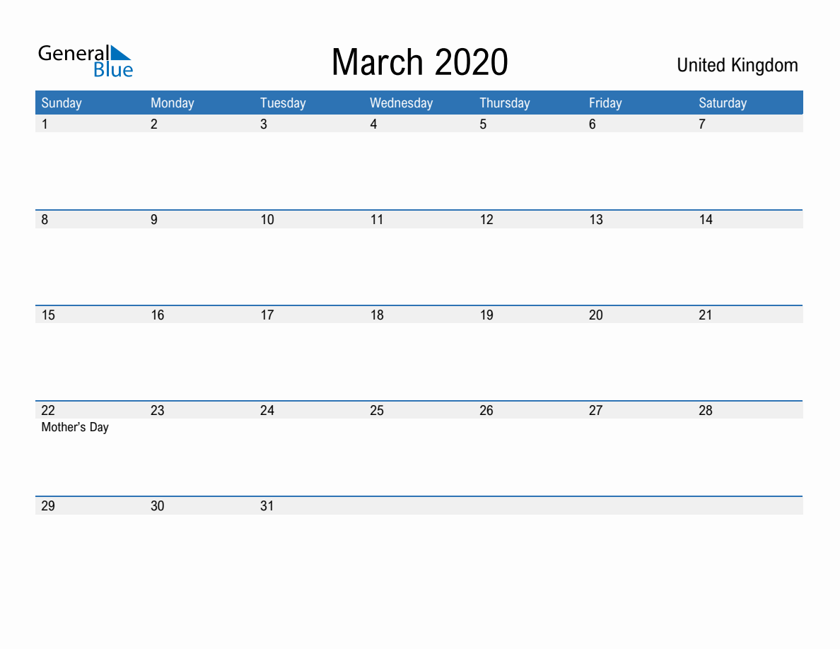 March 2020 Monthly Calendars with United Kingdom Holidays