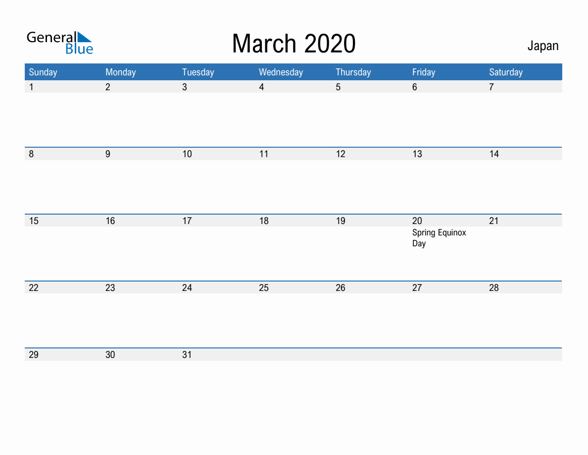 March 2020 Monthly Calendars with Japan Holidays
