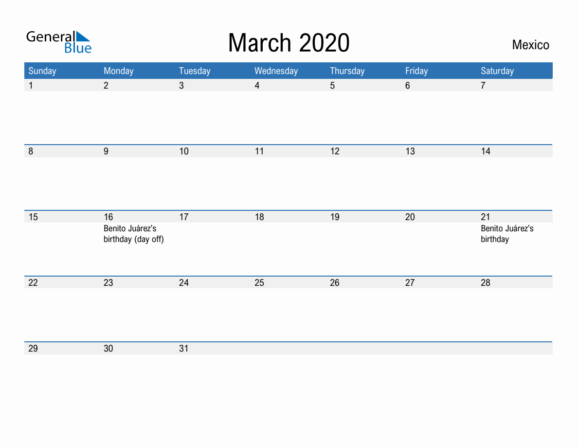 March 2020 Monthly Calendars with Mexico Holidays
