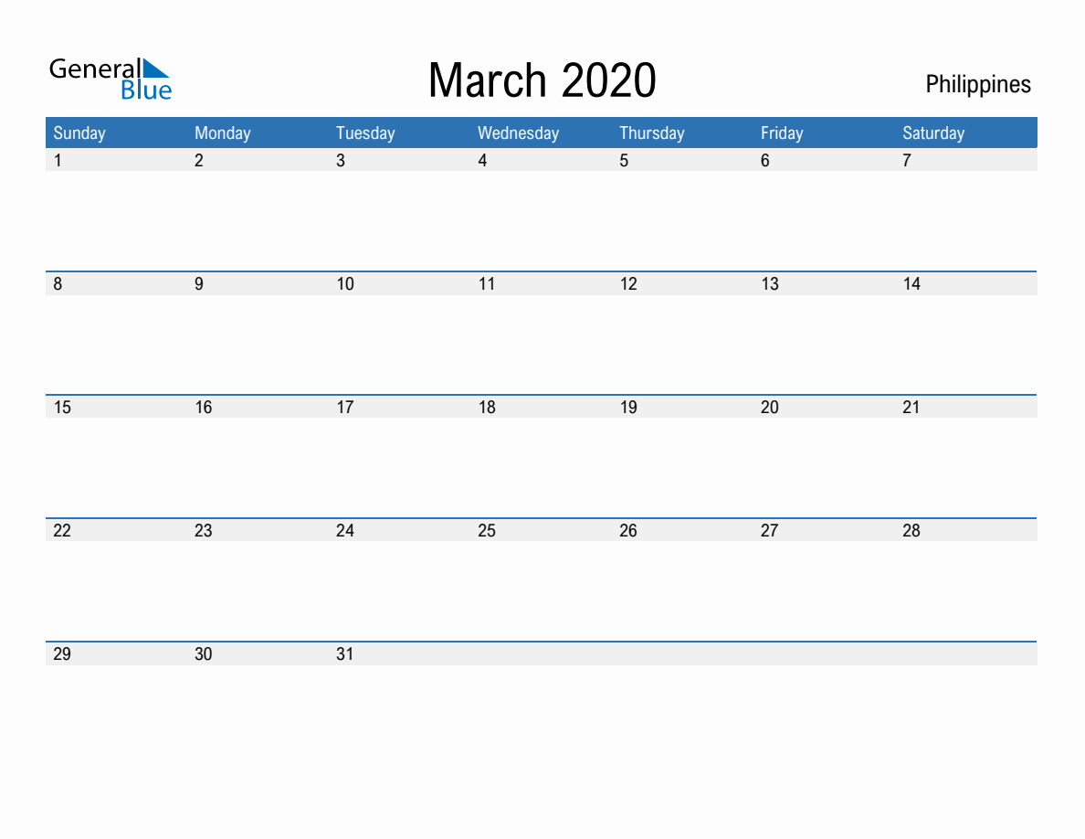Editable March 2020 Calendar with Philippines Holidays