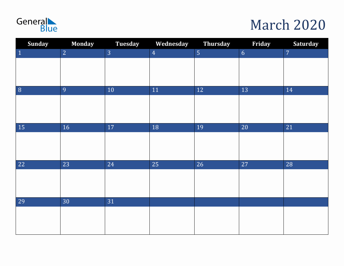 March 2020 Downloadable Sunday Start Calendar