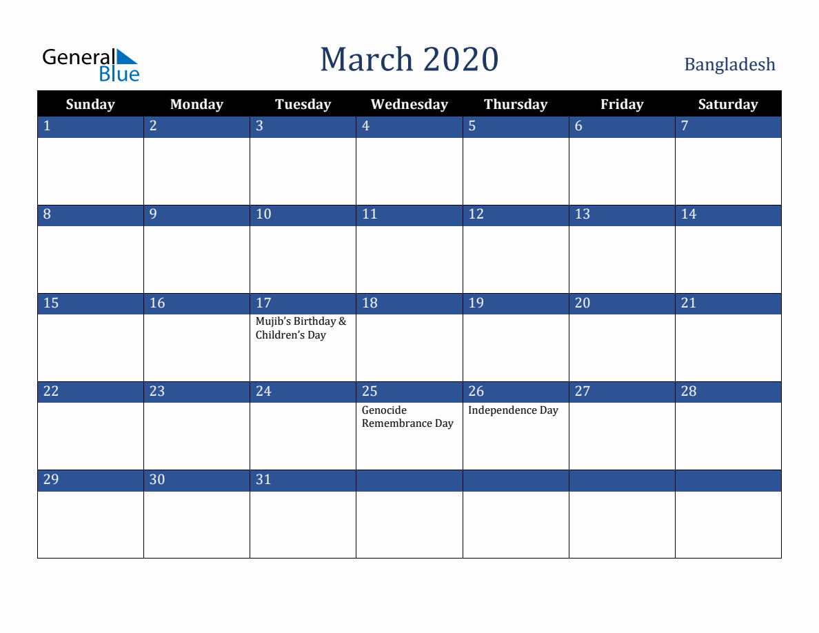 March 2020 Bangladesh Holiday Calendar