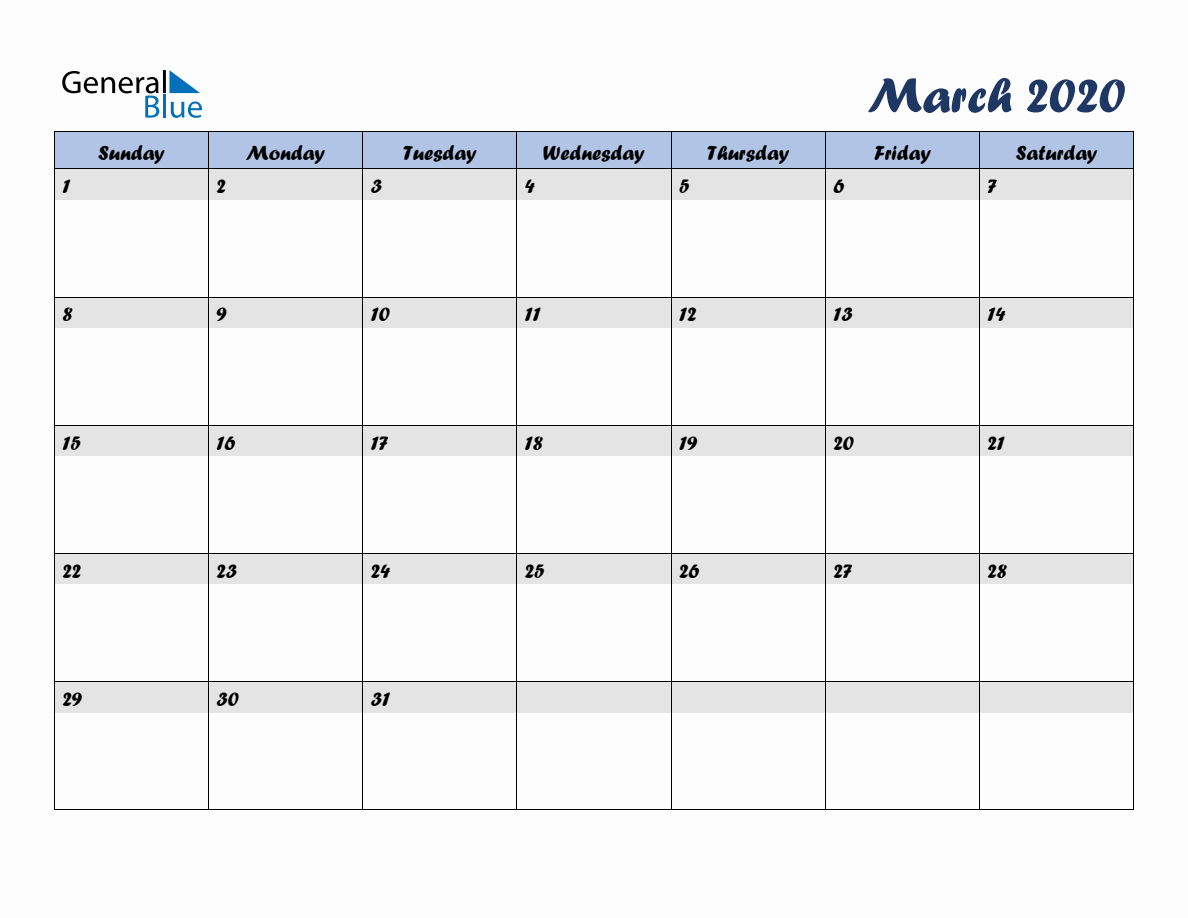 Free March 2020 Monthly Editable Calendar