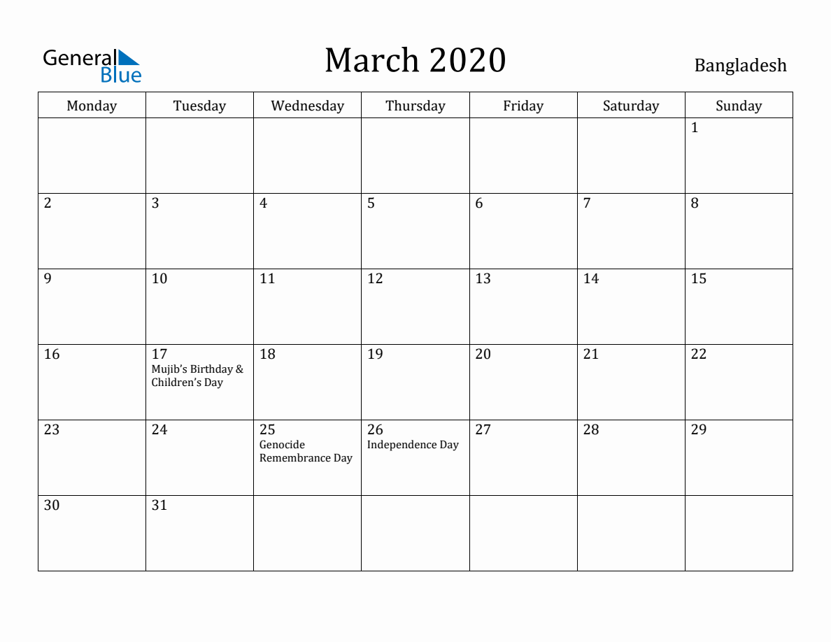 Bangladesh Monthly Calendar - March 2020 (Monday Start)