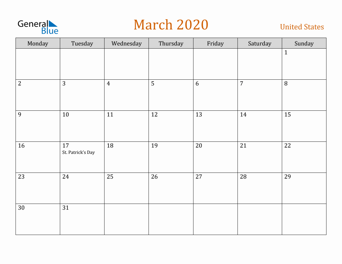 Free March 2020 United States Calendar