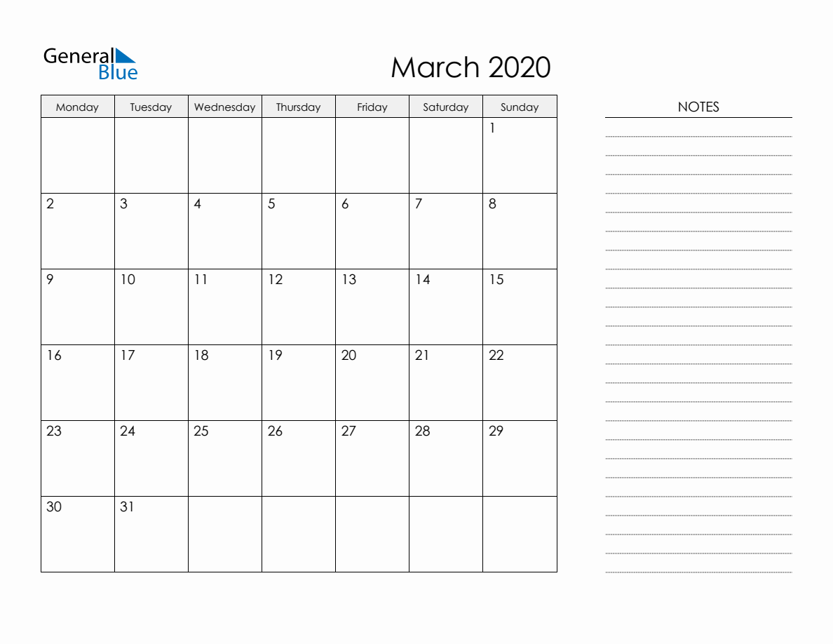 Printable Monthly Calendar With Notes March 2020 Monday Start