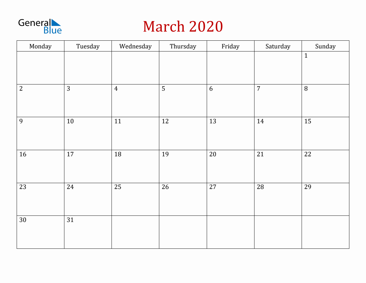 March 2020 Simple Calendar with Monday Start
