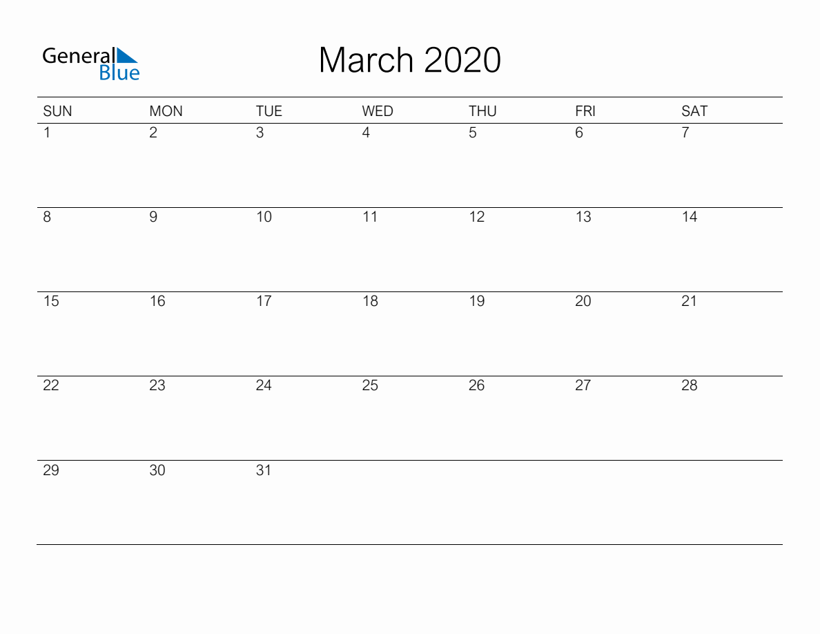 Printable March 2020 Monthly Calendar