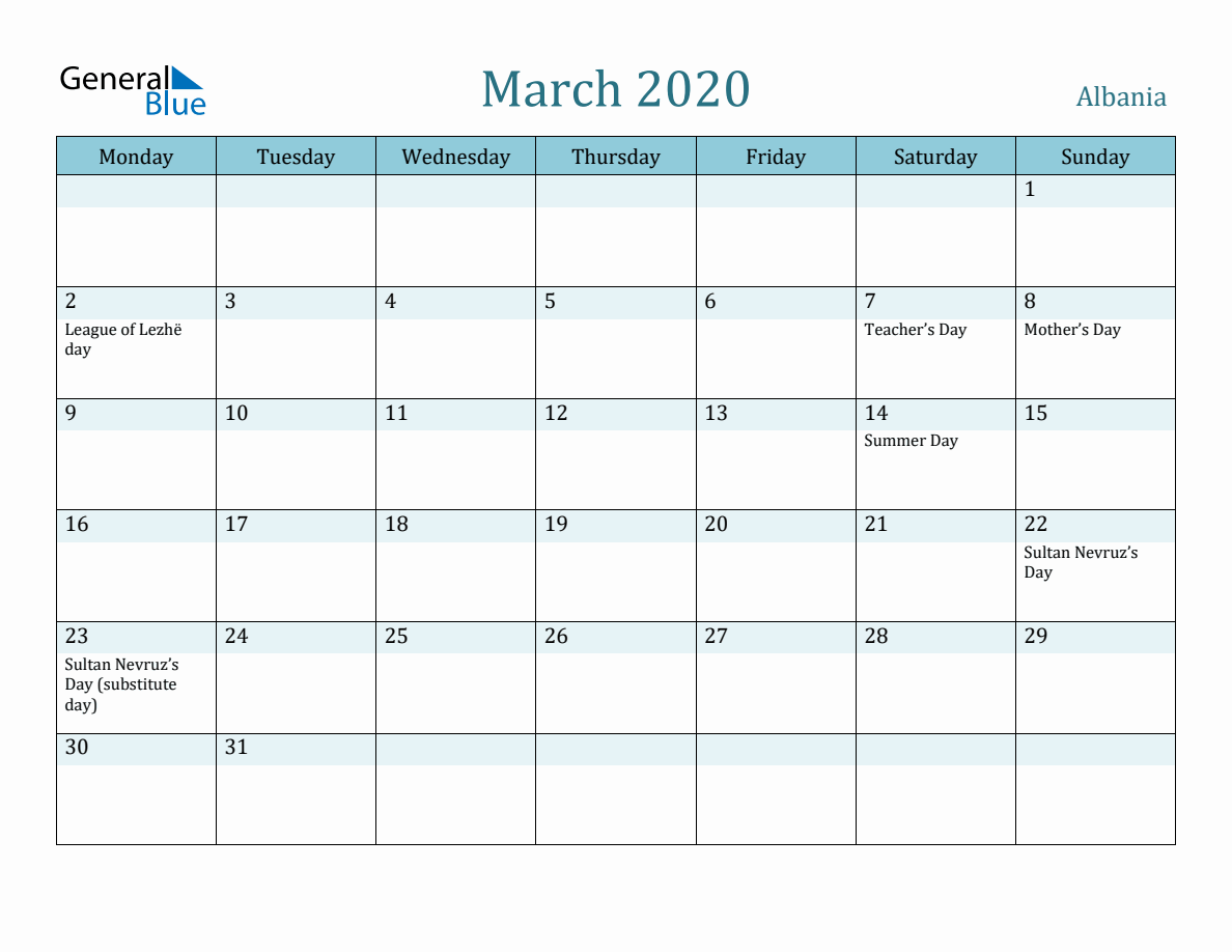 Albania Holiday Calendar for March 2020 (Monday Start)