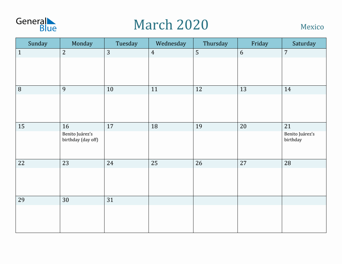 Mexico Holiday Calendar for March 2020