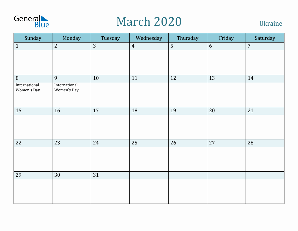 Ukraine Holiday Calendar for March 2020