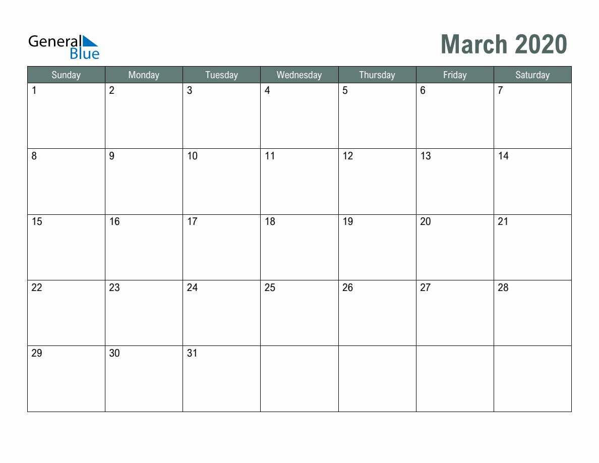 Blank March 2020 Monthly Calendar Template