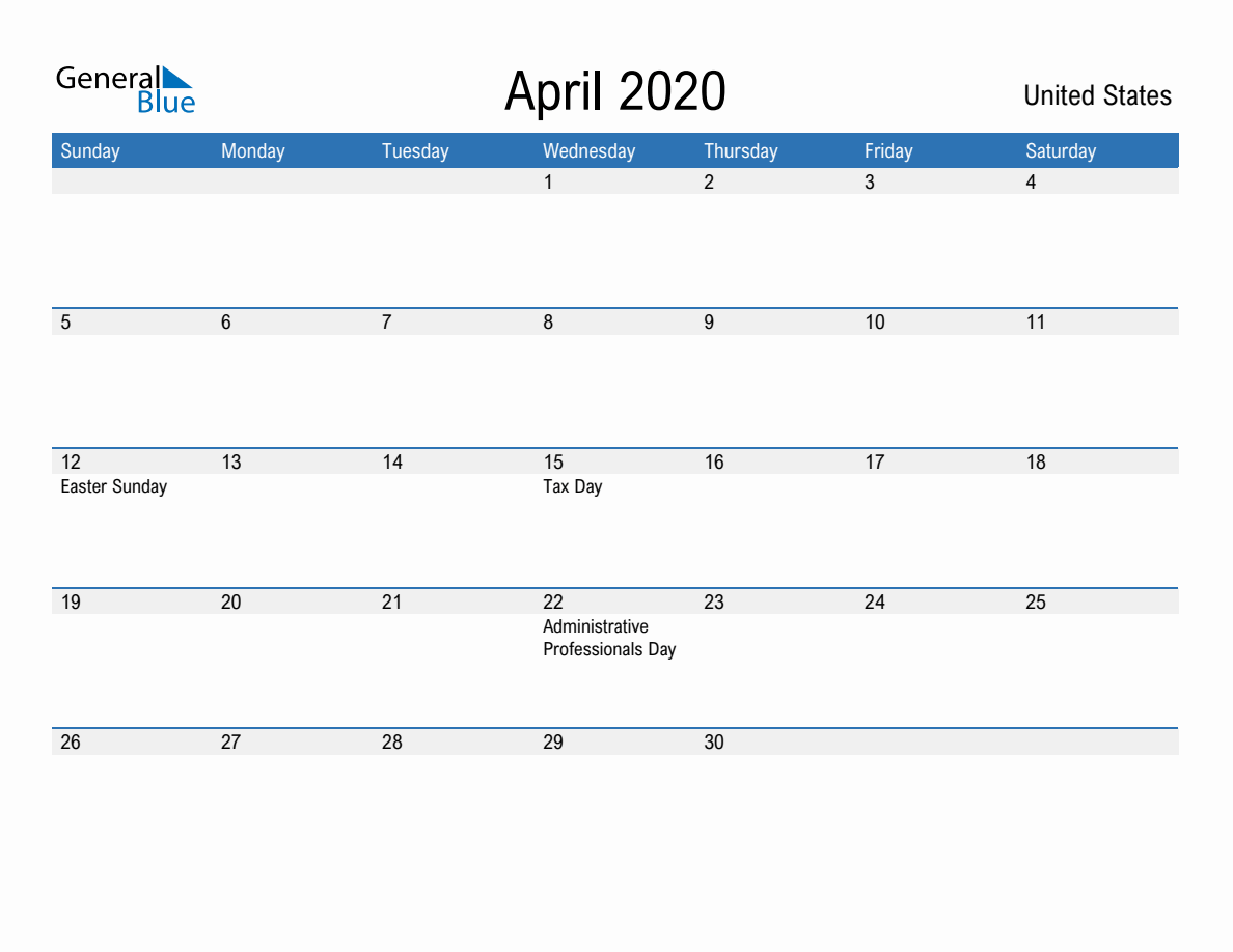 April 2020 Monthly Calendars with United States Holidays