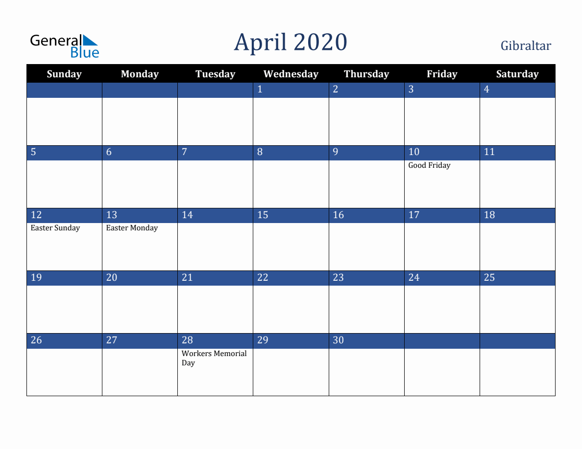 April 2020 Gibraltar Holiday Calendar