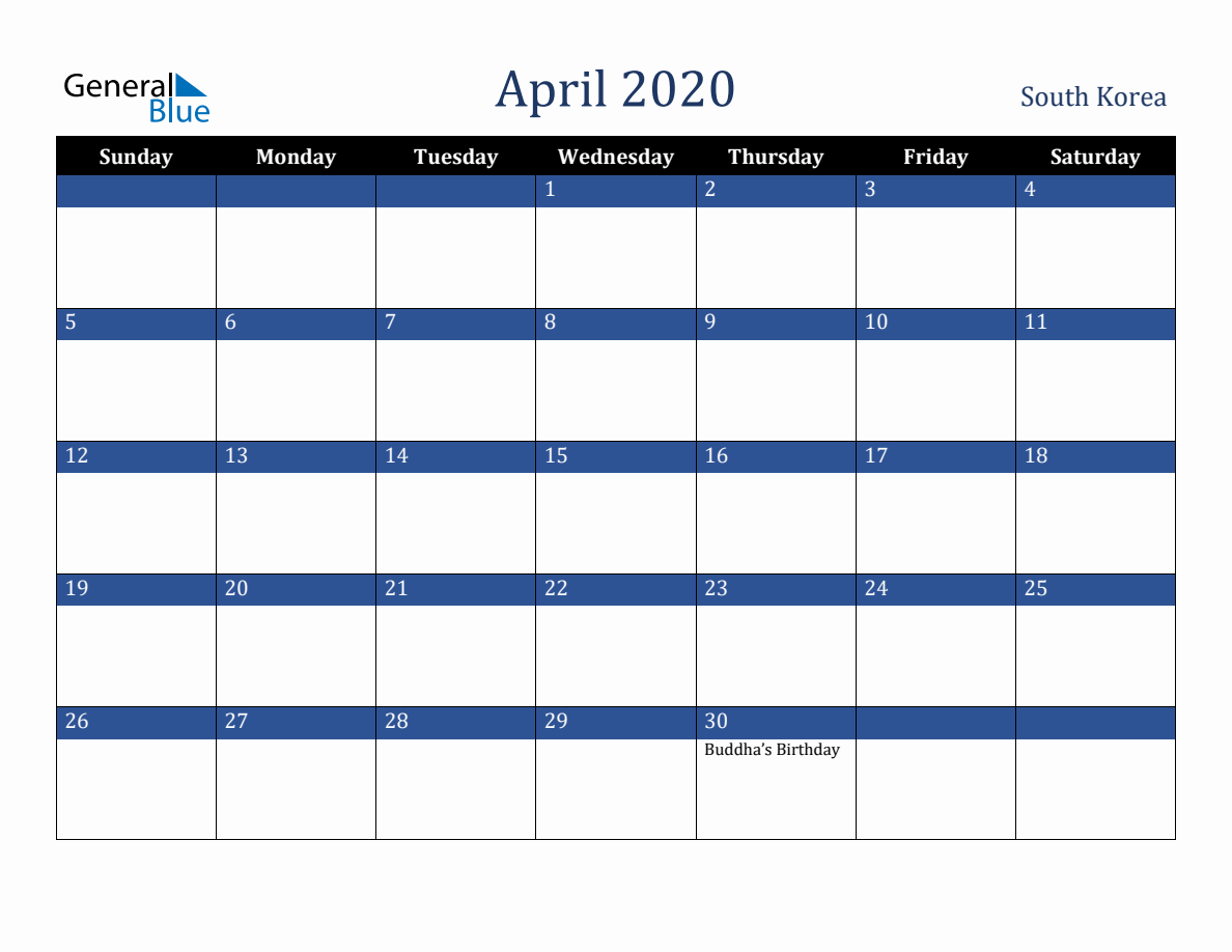 April 2020 South Korea Holiday Calendar