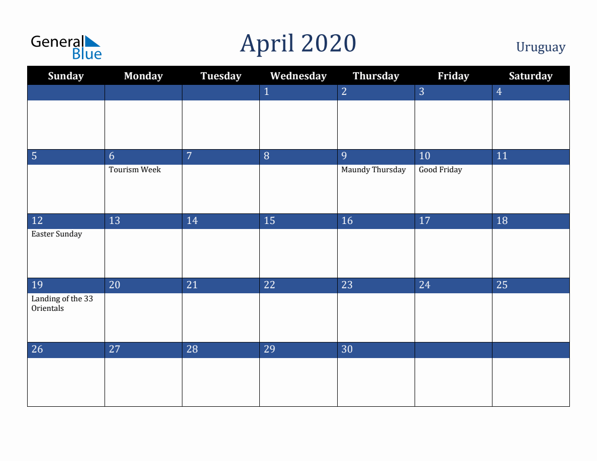 April 2020 Uruguay Holiday Calendar
