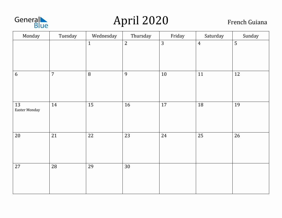 French Guiana Monthly Calendar - April 2020 (Monday Start)