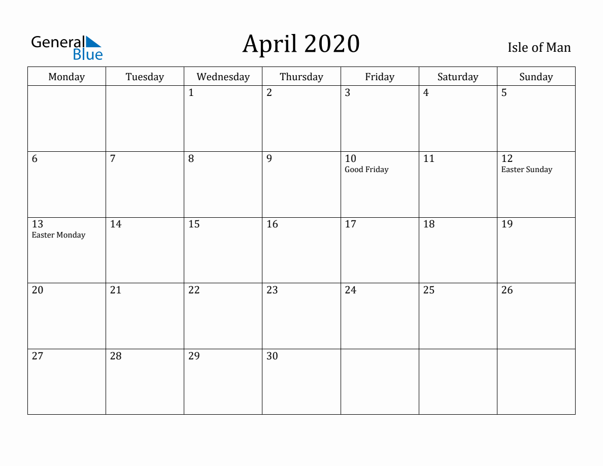 Isle of Man Monthly Calendar - April 2020 (Monday Start)