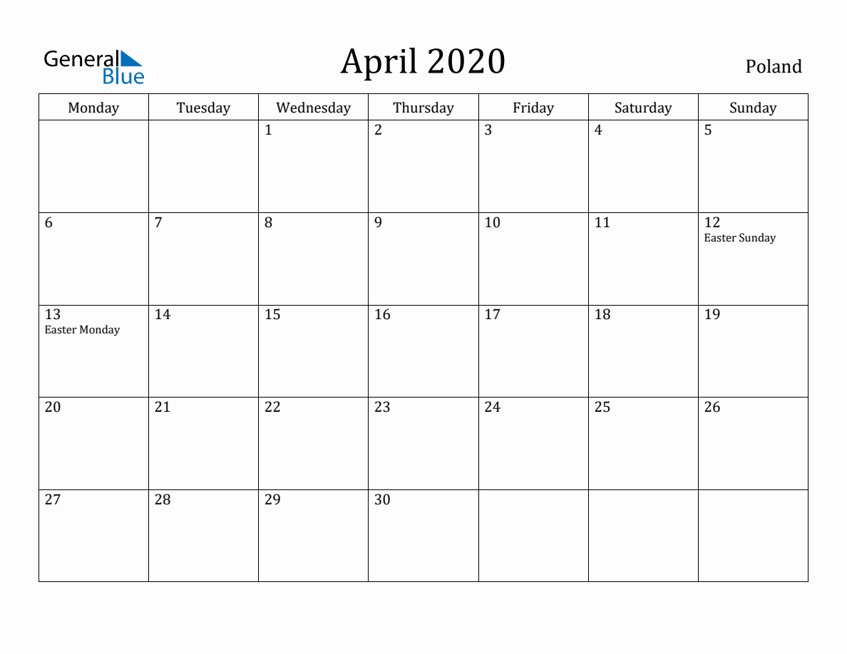 Poland Monthly Calendar - April 2020 (Monday Start)