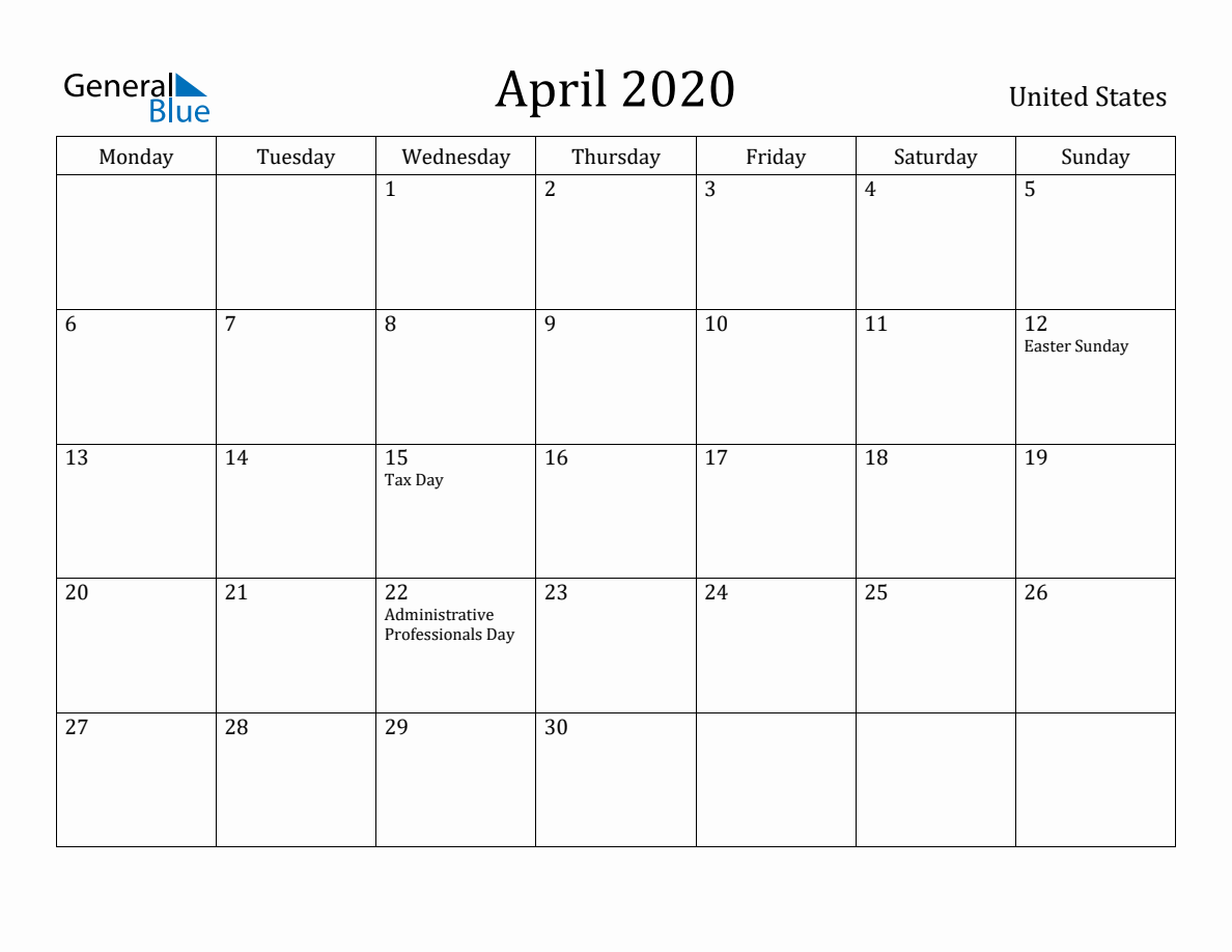 United States Monthly Calendar - April 2020 (Monday Start)