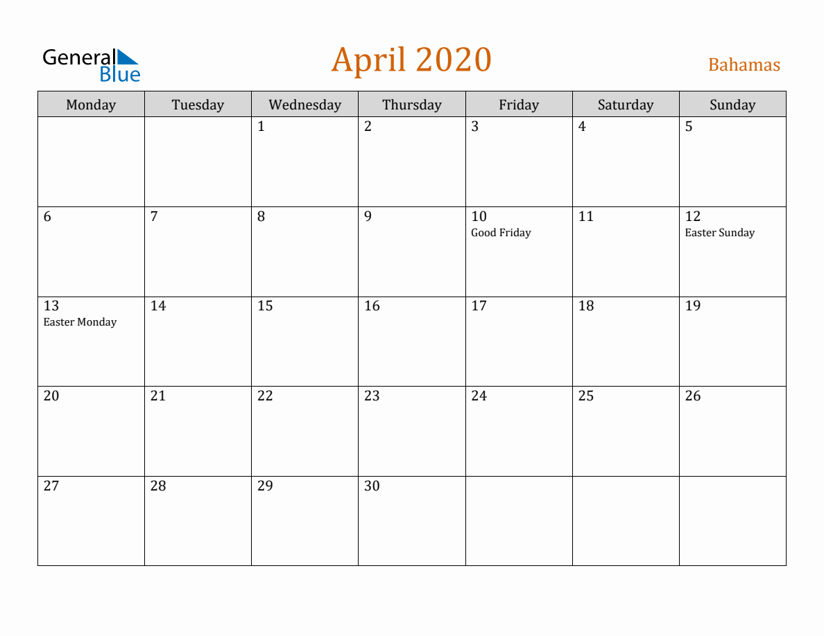 Free April 2020 Bahamas Calendar (Monday Start)
