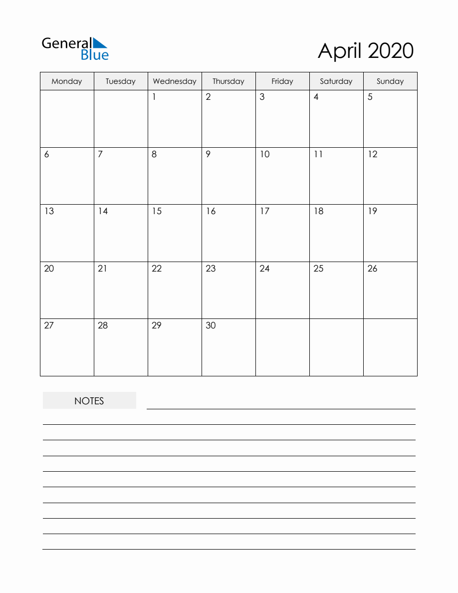 April 2020 Monthly Planner Calendar - Monday Start