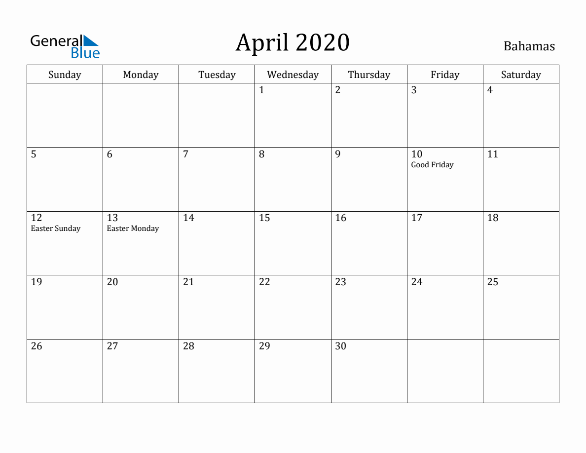 April 2020 Monthly Calendar with Bahamas Holidays
