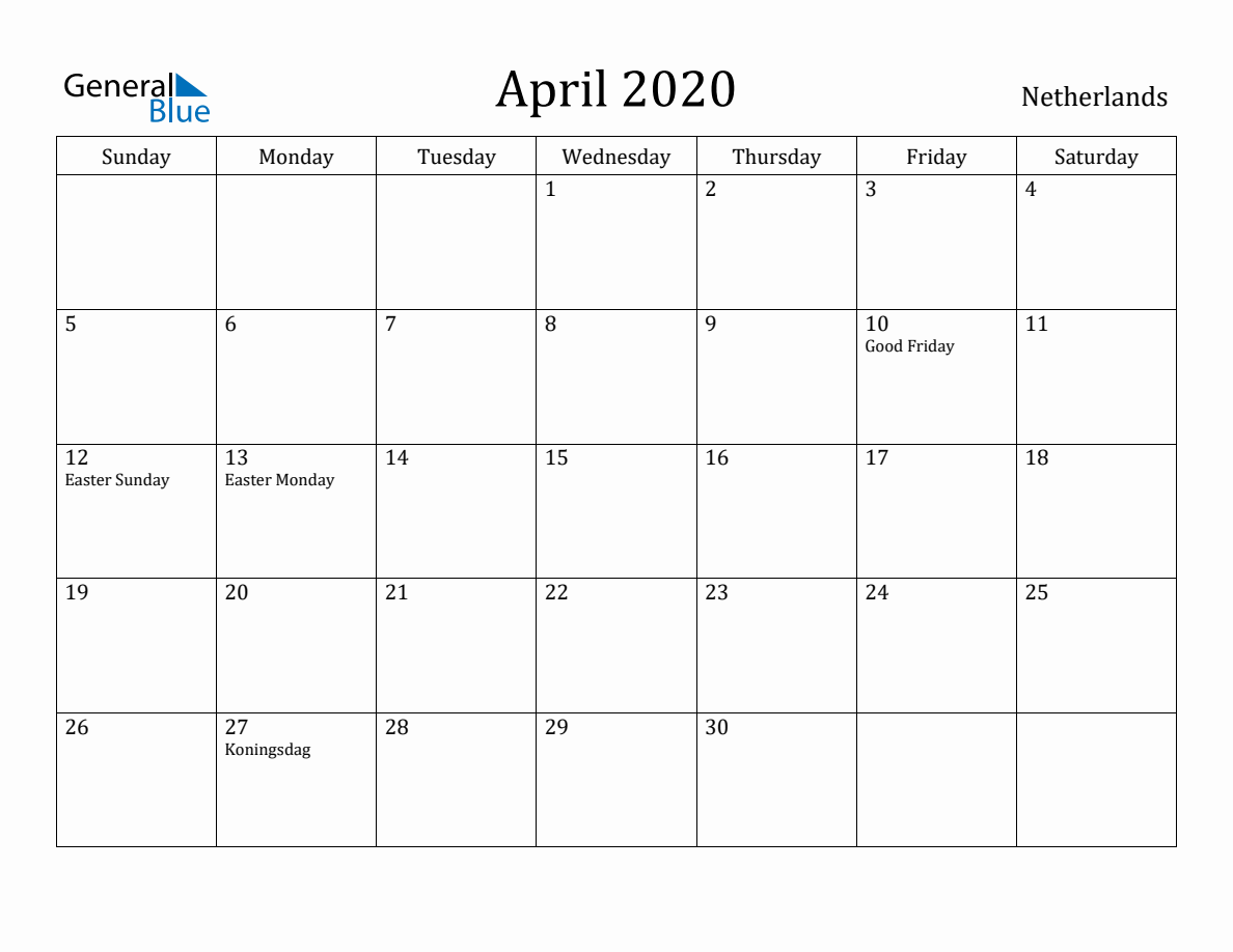 April 2020 Monthly Calendar with The Netherlands Holidays